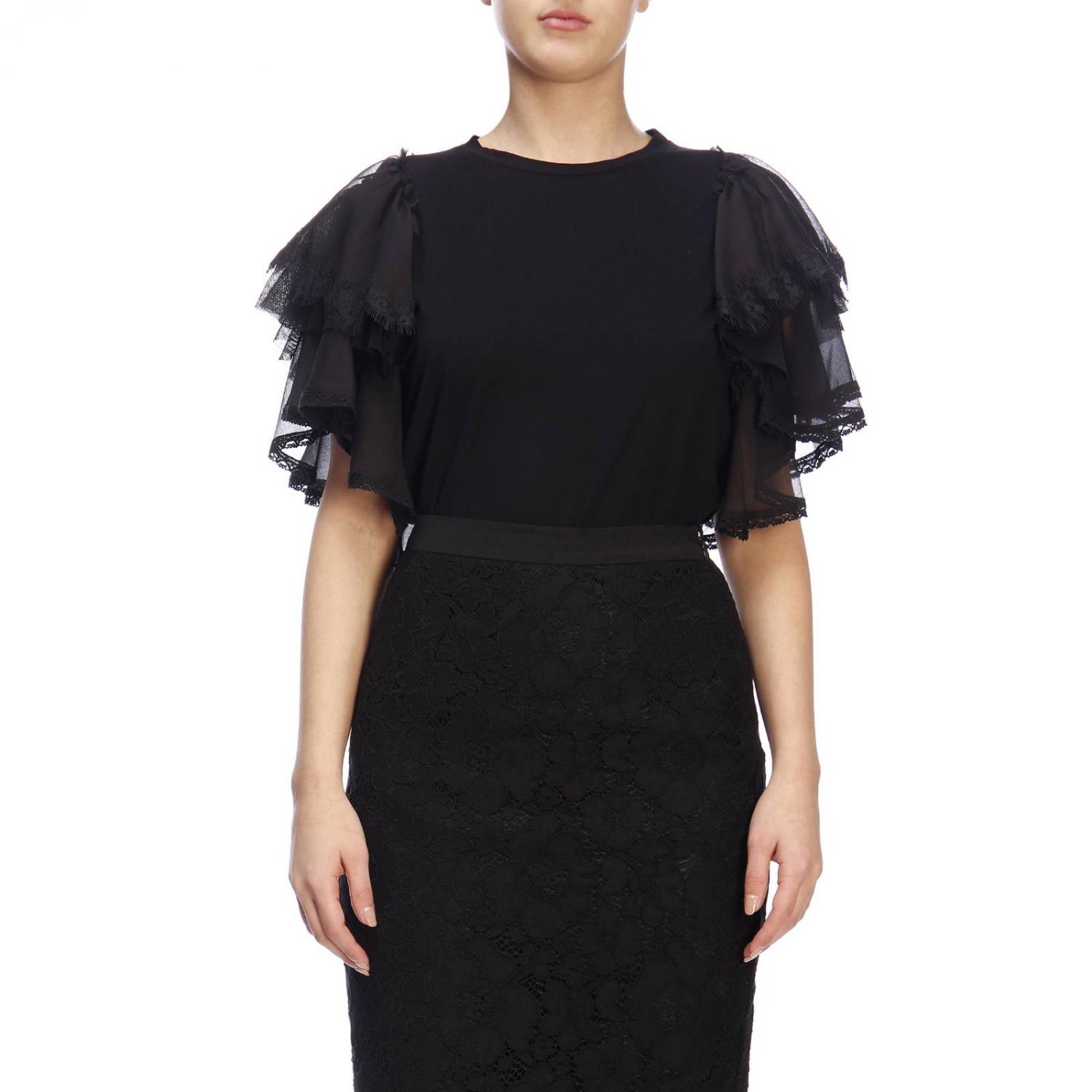 TWINSET: T-shirt Twin-set in cotone con maniche in chiffon di seta ...