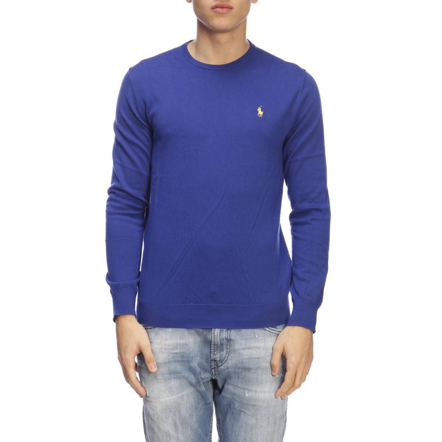 POLO RALPH LAUREN: Pull à col rond en coton avec logo brodé - Bleu Royal | Pull Polo Ralph ...