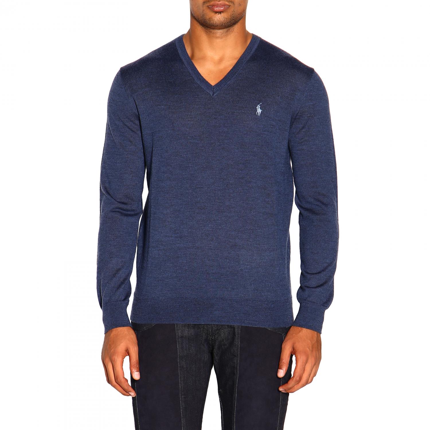 POLO RALPH LAUREN: Pull à col en V coupe slim fit avec logo brodé - Bleu Azur | Pull Polo Ralph ...