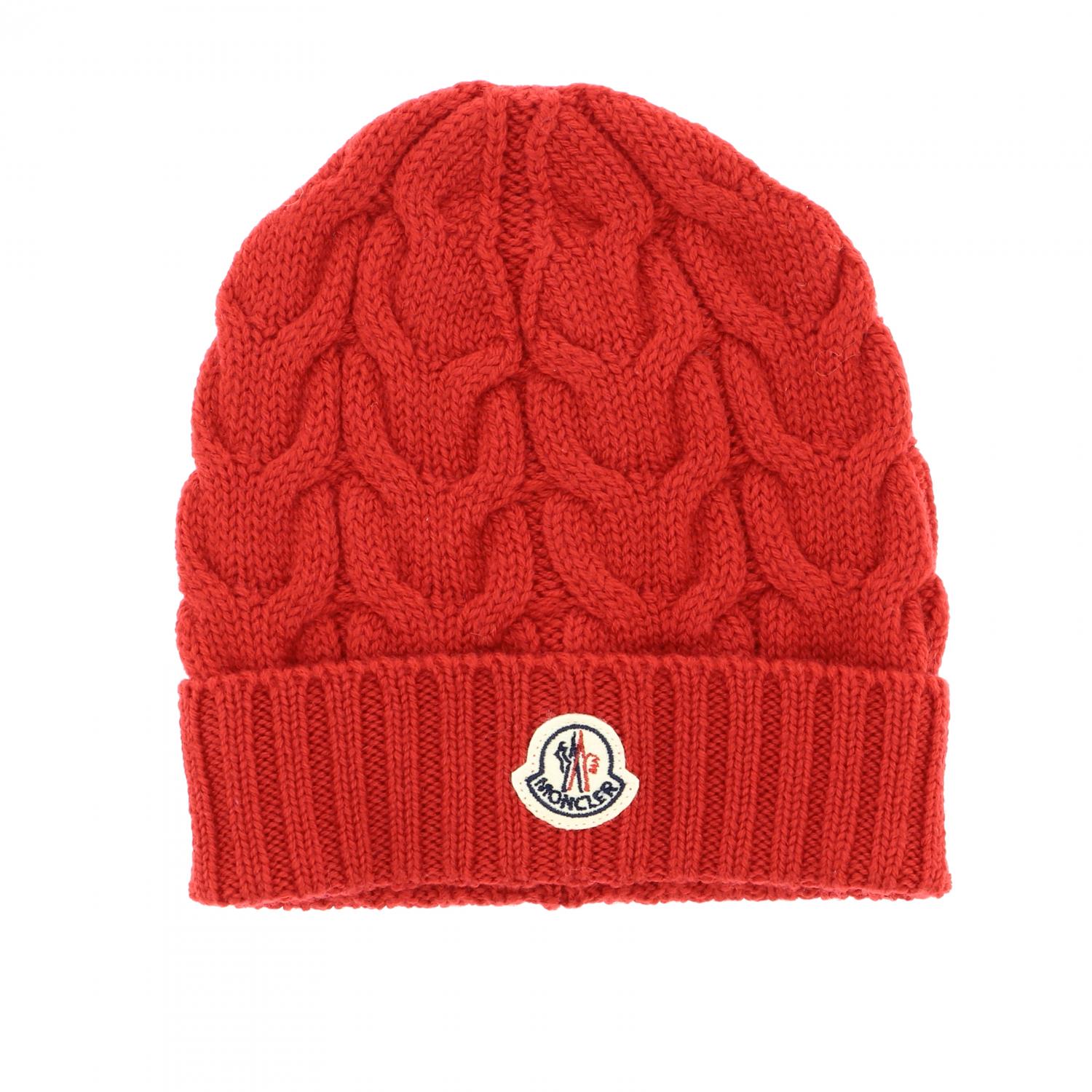 MONCLER: Cappello a berretto in lana intrecciata con risvolto e logo ...