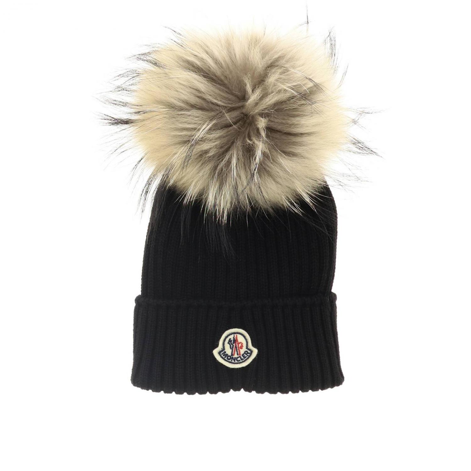 MONCLER: Cappello in lana a coste con maxi pompon - Nero | Cappello ...
