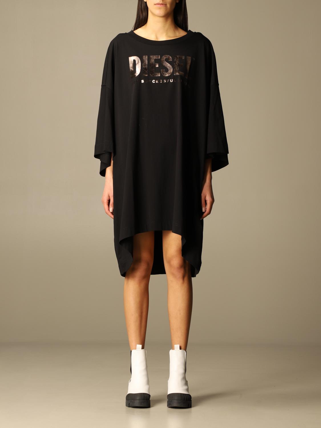 DIESEL: Over dress in cotton with big laminated logo - Black | Diesel ...