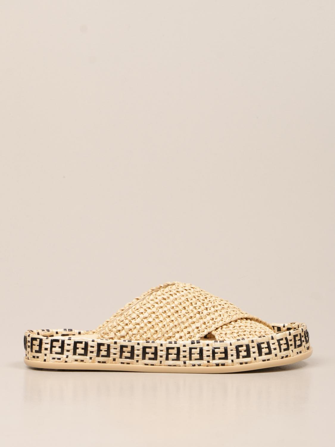 FENDI: Reflection flat sandals in woven raffia - Natural | Fendi flat ...