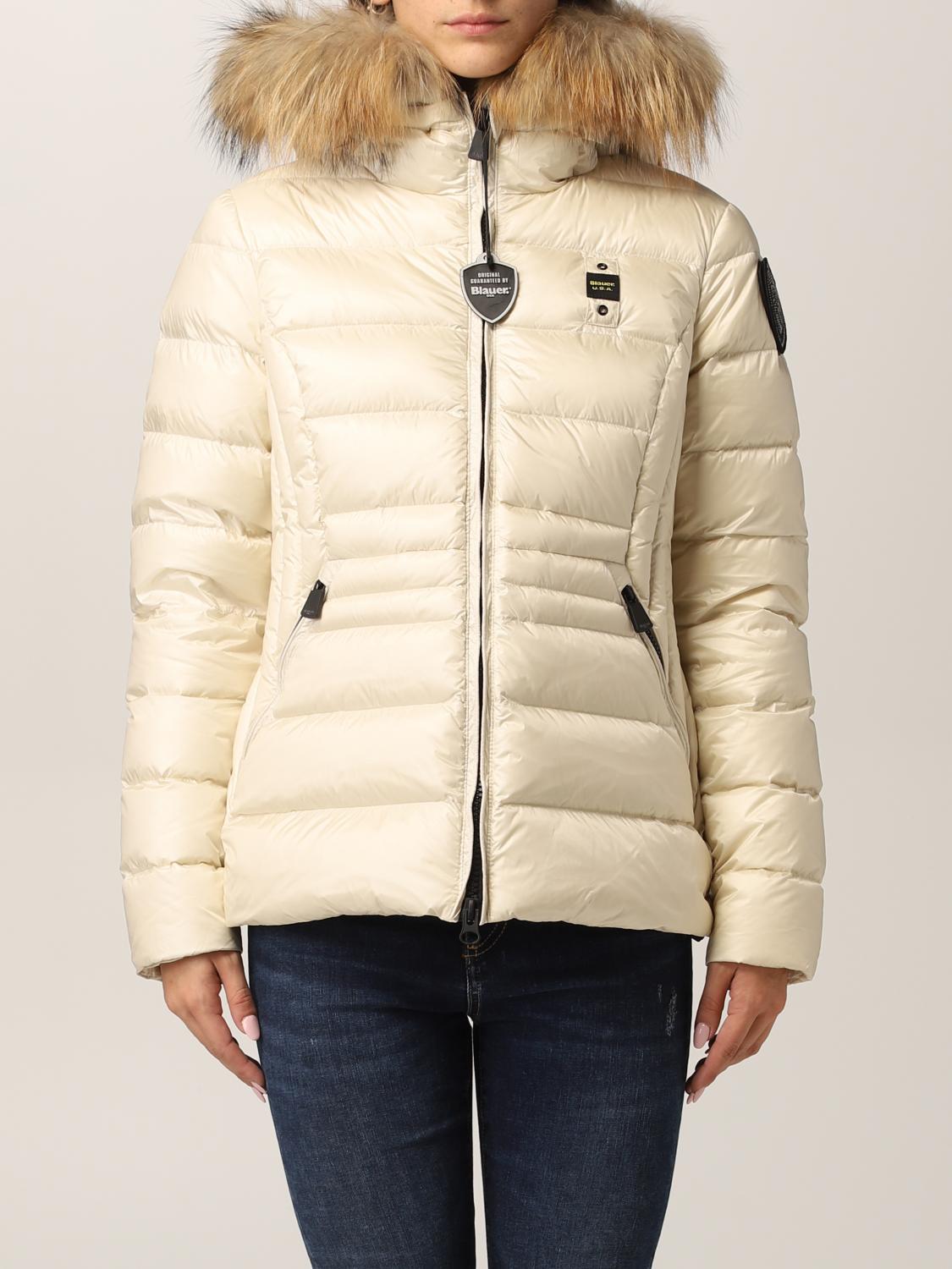 BLAUER: Piumino light piuma in nylon con cappuccio pelo - Panna ...