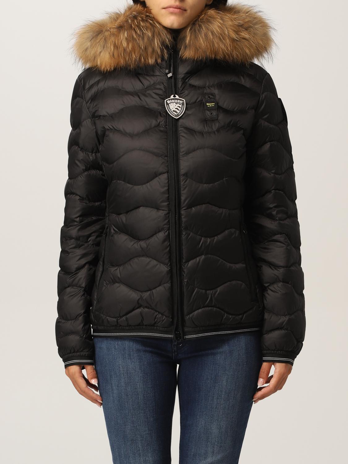 BLAUER: Piumino light nylon piuma onda con cappuccio pelo - Nero ...