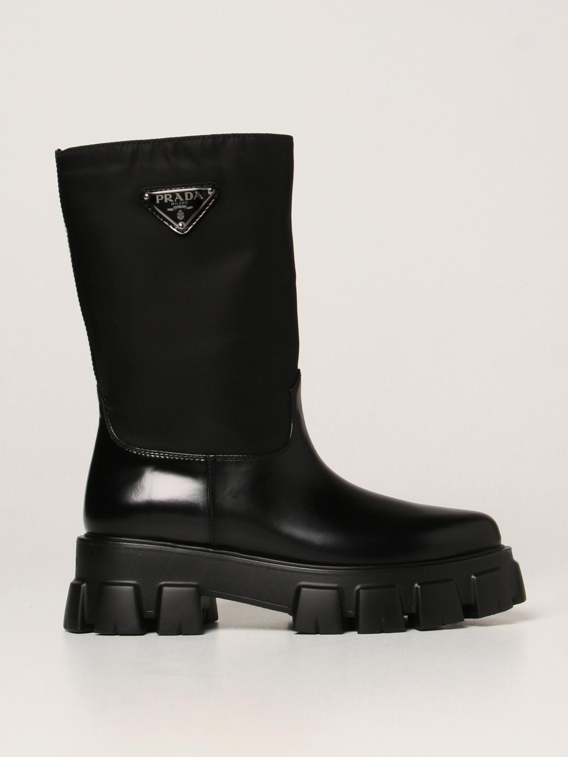 PRADA: Bottines Monolith en cuir brossé et Re-nylon - Noir | Bottes ...