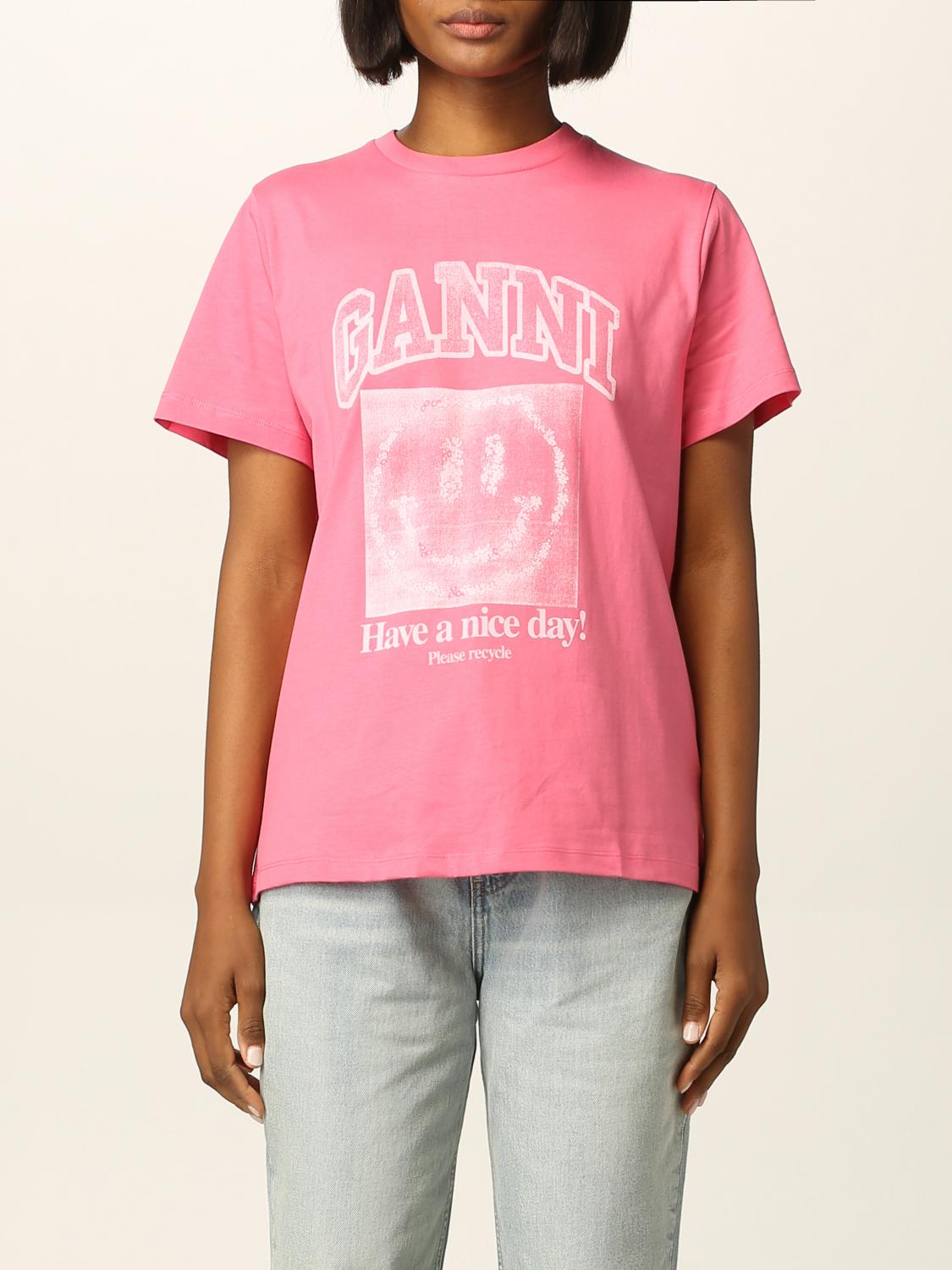 GANNI: cotton T-shirt with logo and Smile - Pink | Ganni t-shirt T3072 ...