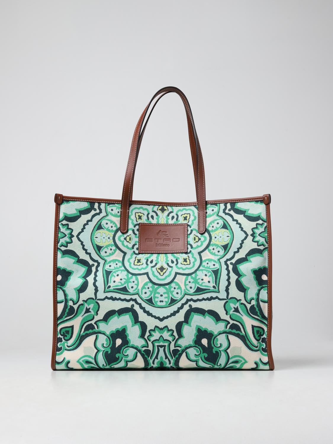 ETRO: Borsa in tessuto con motivo ornamentale - Verde | Borse Tote Etro ...