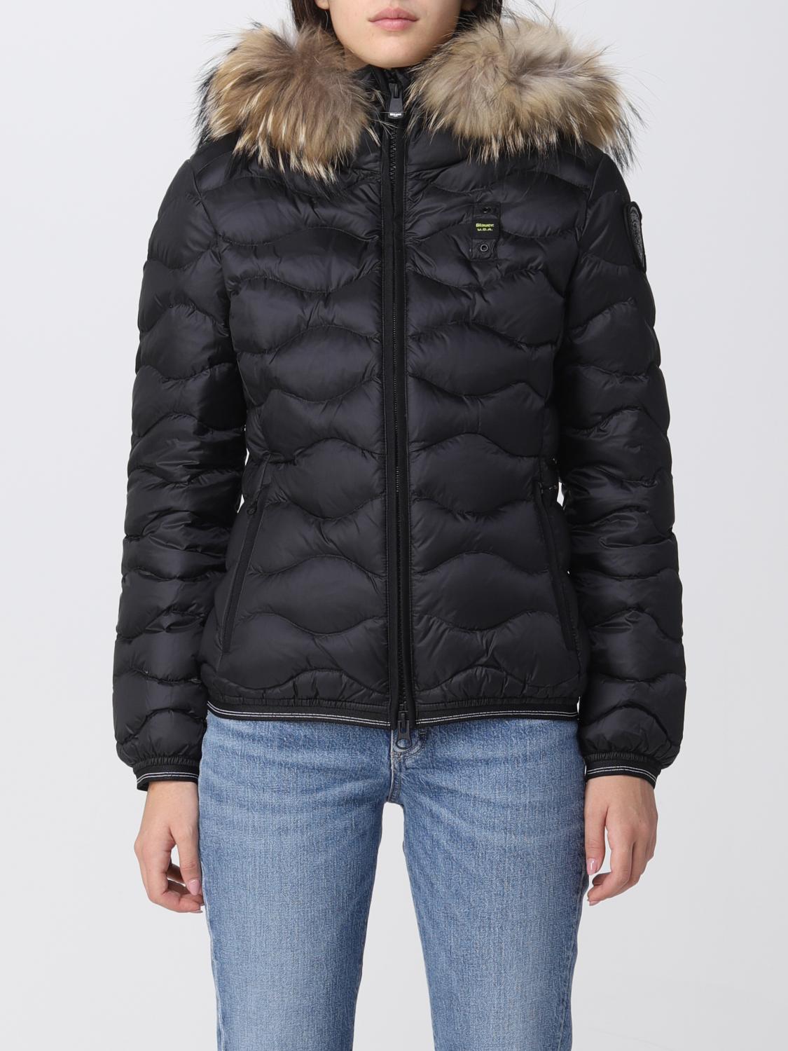 BLAUER: Piumino onda con cappuccio pelo - Nero | Giacca Blauer ...