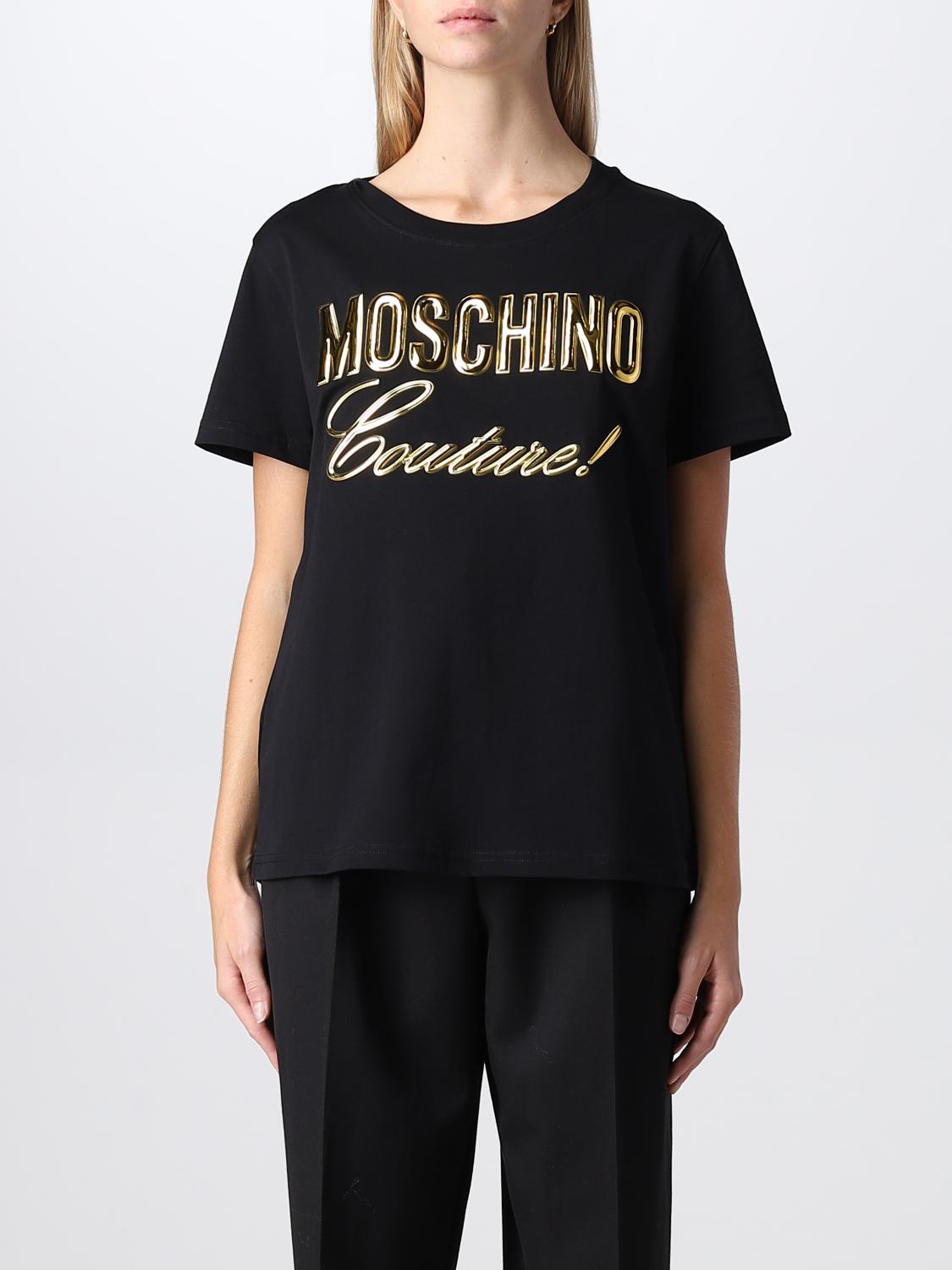 MOSCHINO COUTURE: t-shirt with golden logo lettering - Black | Moschino Couture t-shirt 07065441 ...