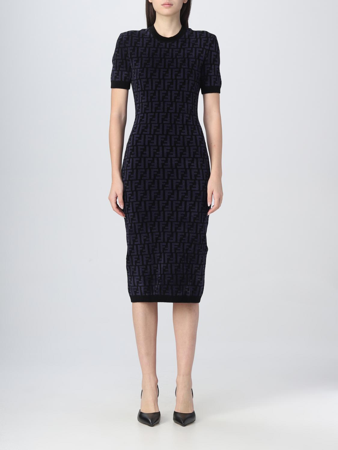 FENDI: Abito in velluto con motivo monogram - Blue | Abito Fendi ...