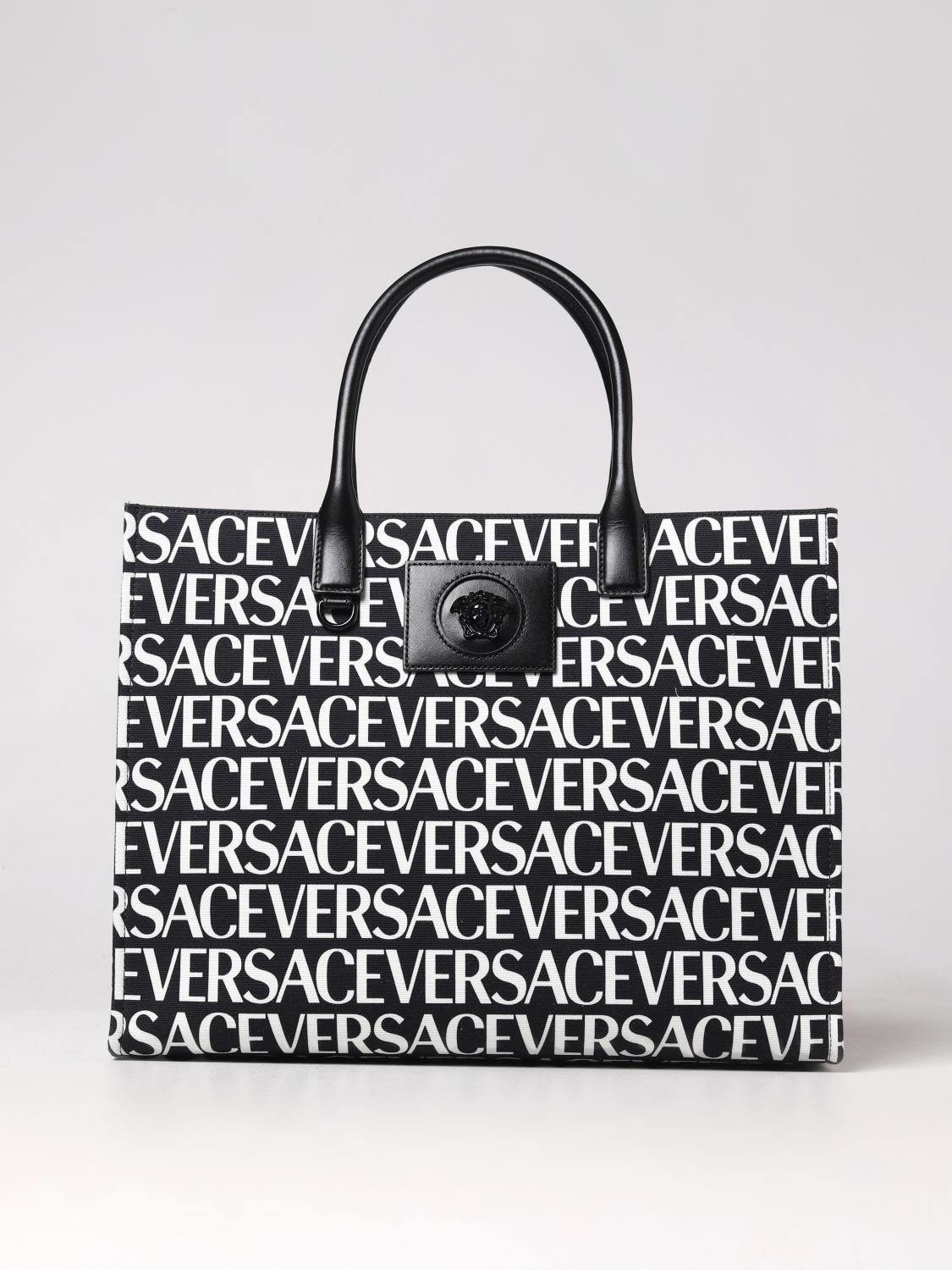 VERSACE: bag in canvas with all over logo - Black | Versace tote bags ...