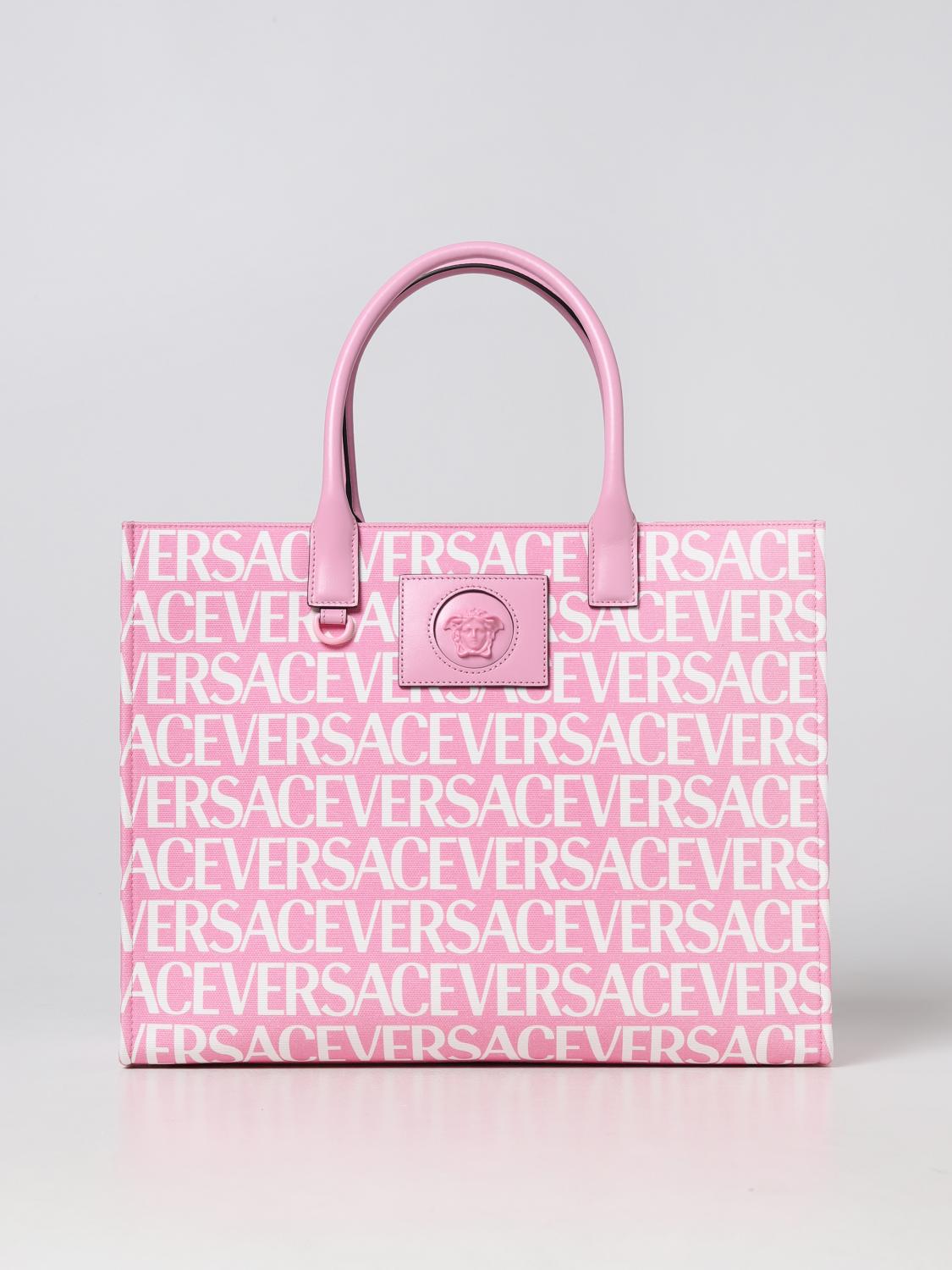 VERSACE: bag in canvas with all over logo - Pink | Versace tote bags ...