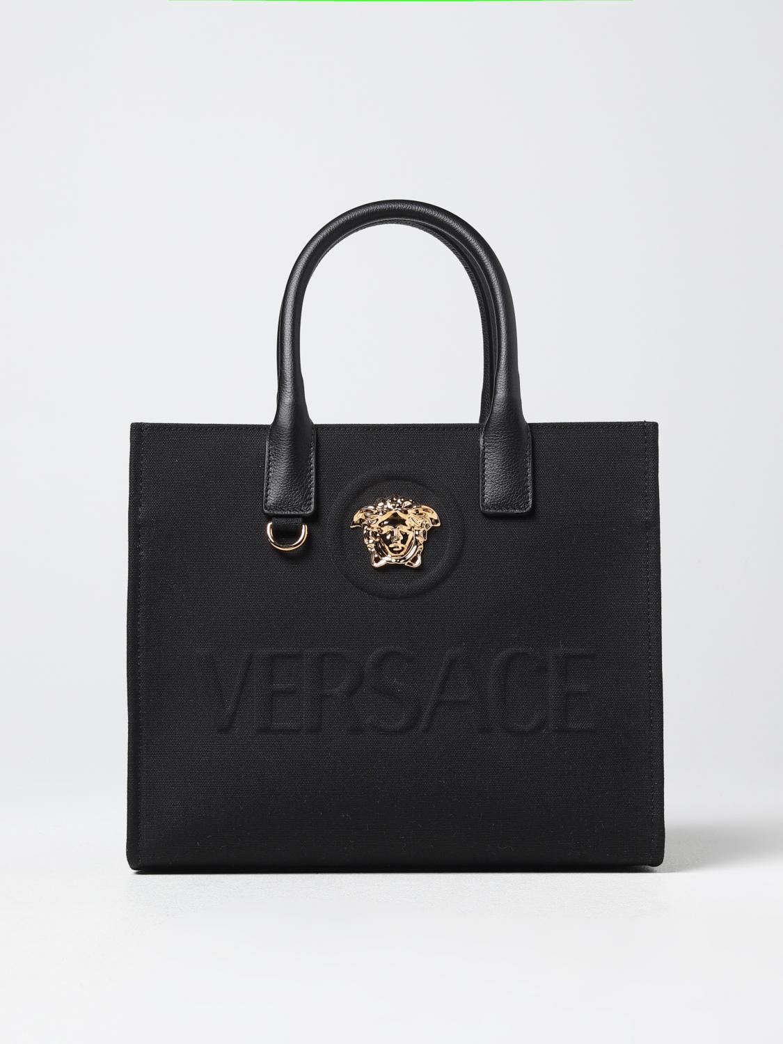 VERSACE: bag in canvas and leather - Black | Versace handbag 1005861 ...
