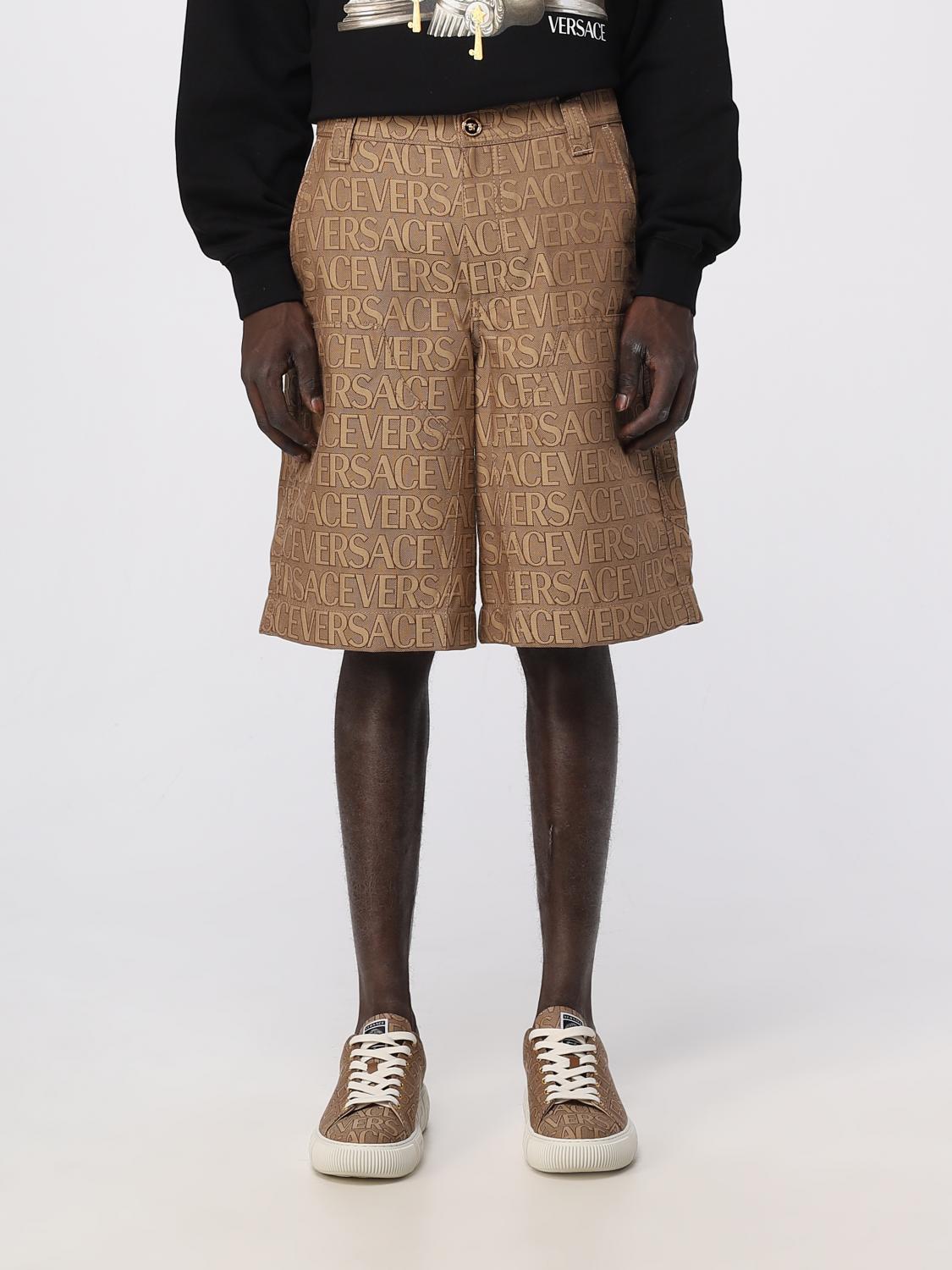 Versace shorts in cotton blend with all over logo - Sand ...