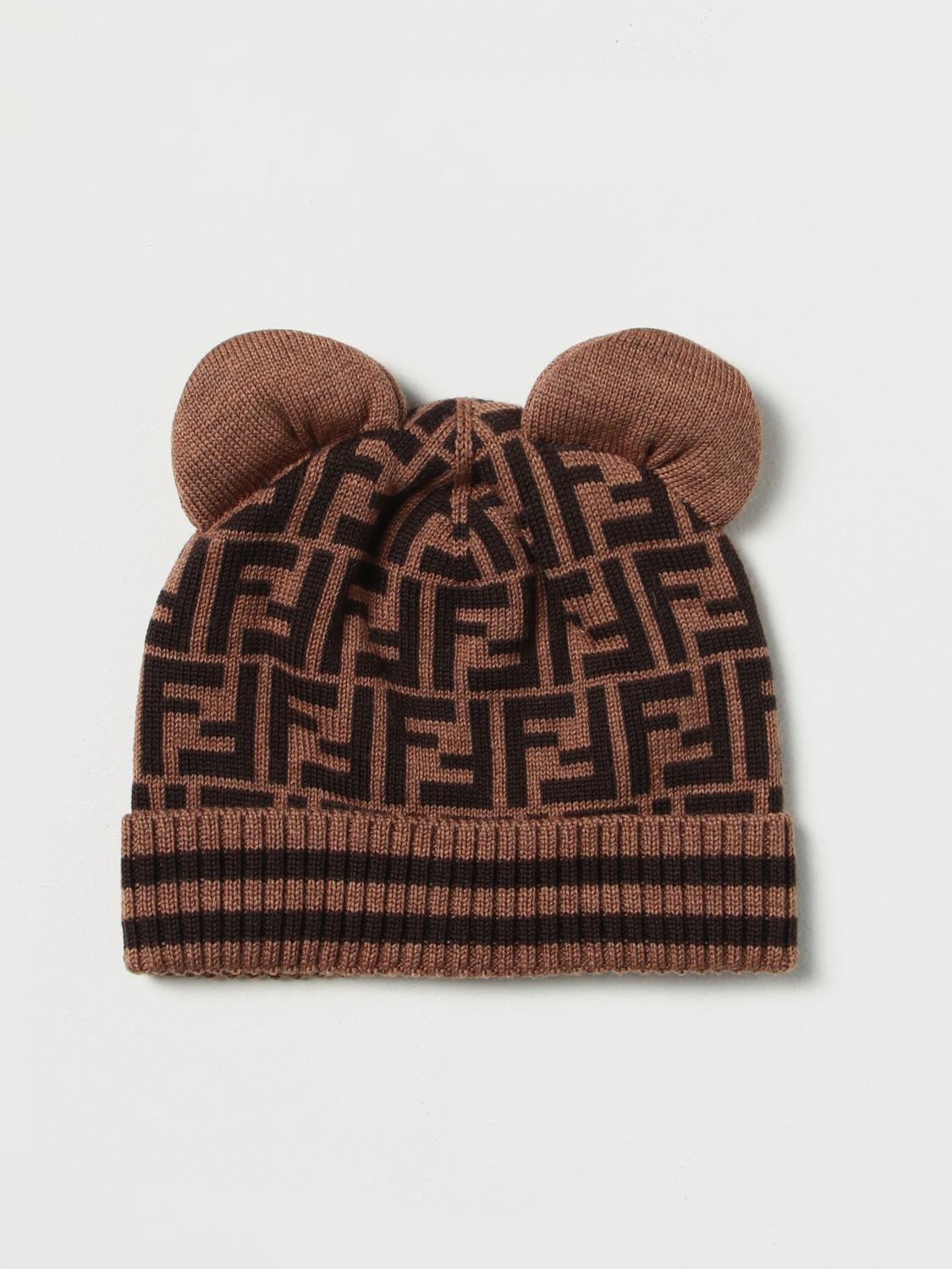 FENDI: Kids hat in virgin wool with FF jacquard monogram - Tobacco ...