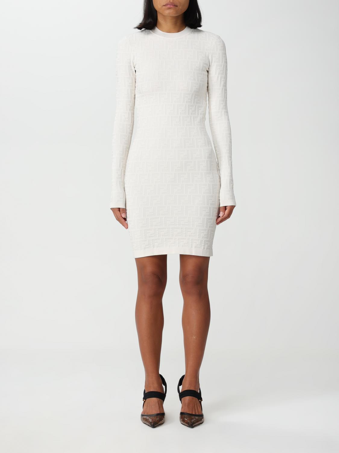 FENDI: dress in viscose with FF jacquard pattern - Yellow Cream | Fendi ...