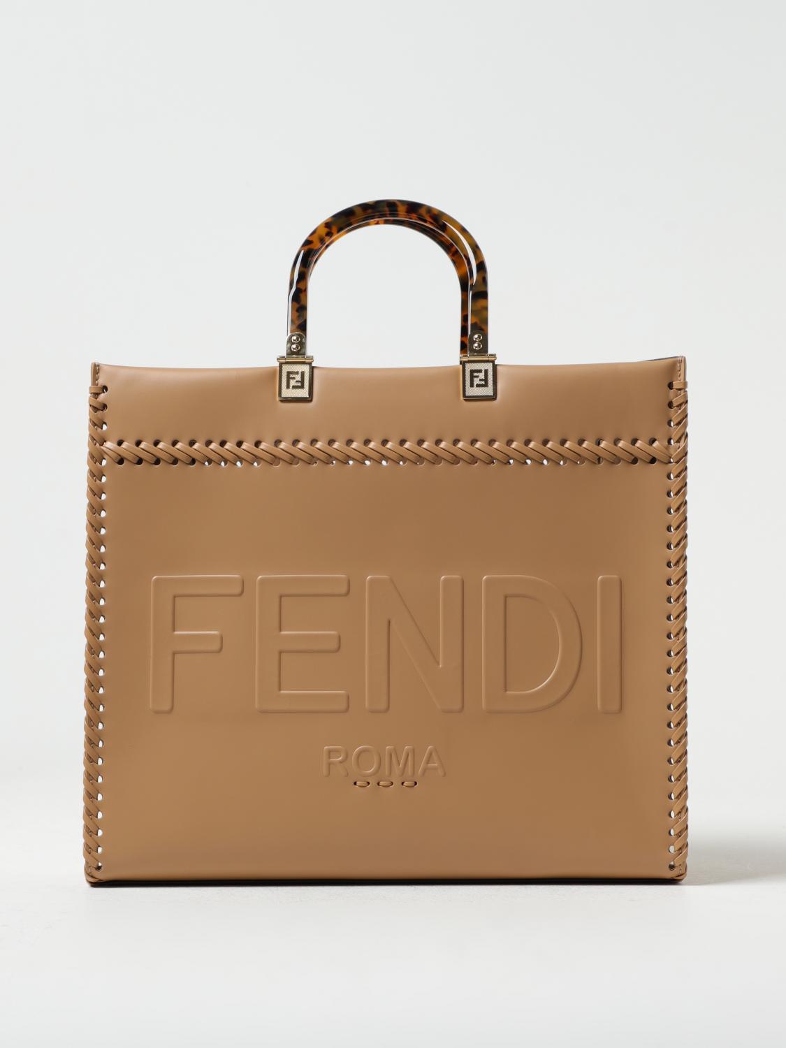 FENDI: Sunshine bag in leather with embossed logo - Beige | Fendi tote ...