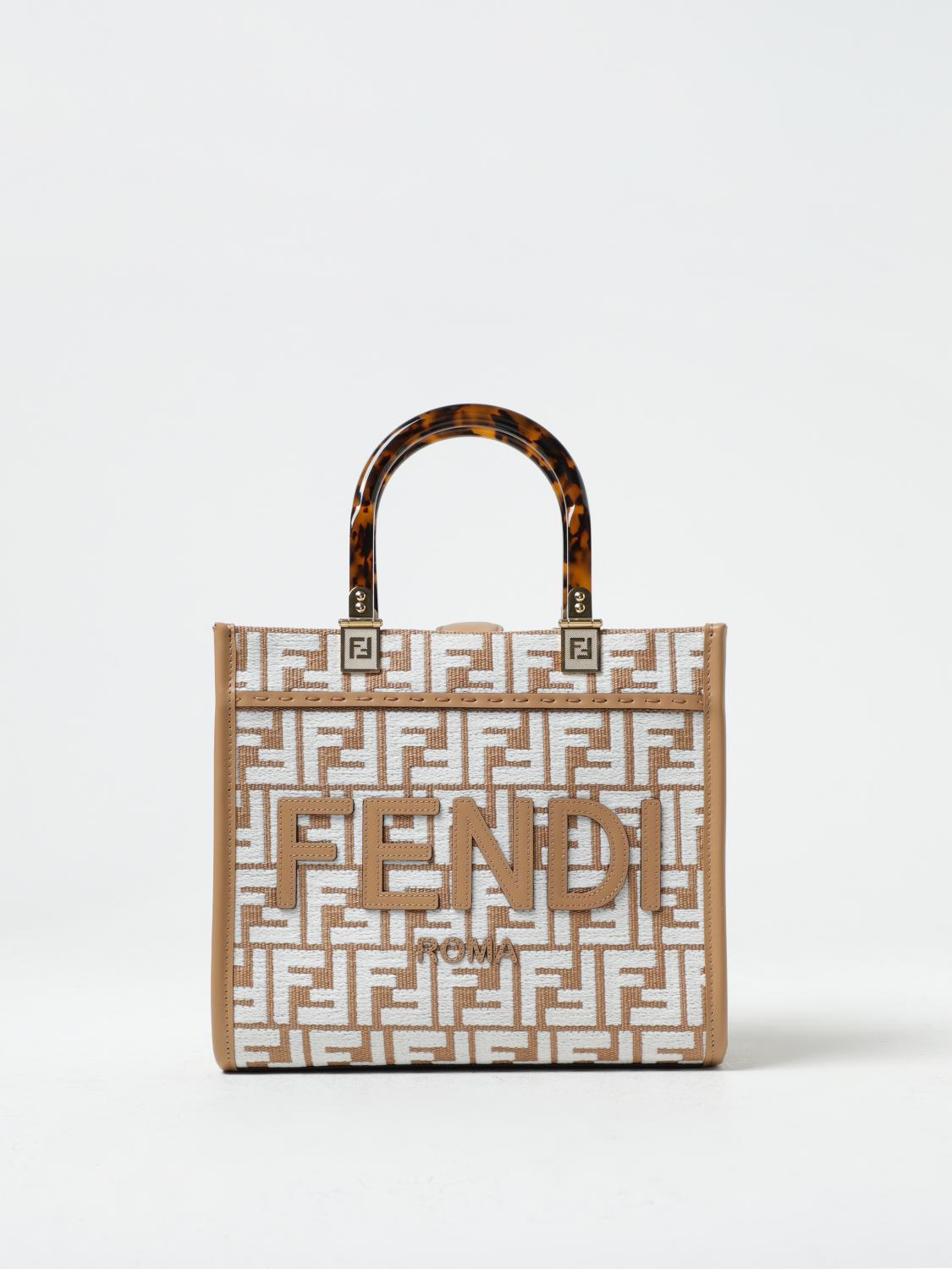 FENDI: Sunshine bag in raffia and leather with jacquard FF monogram ...