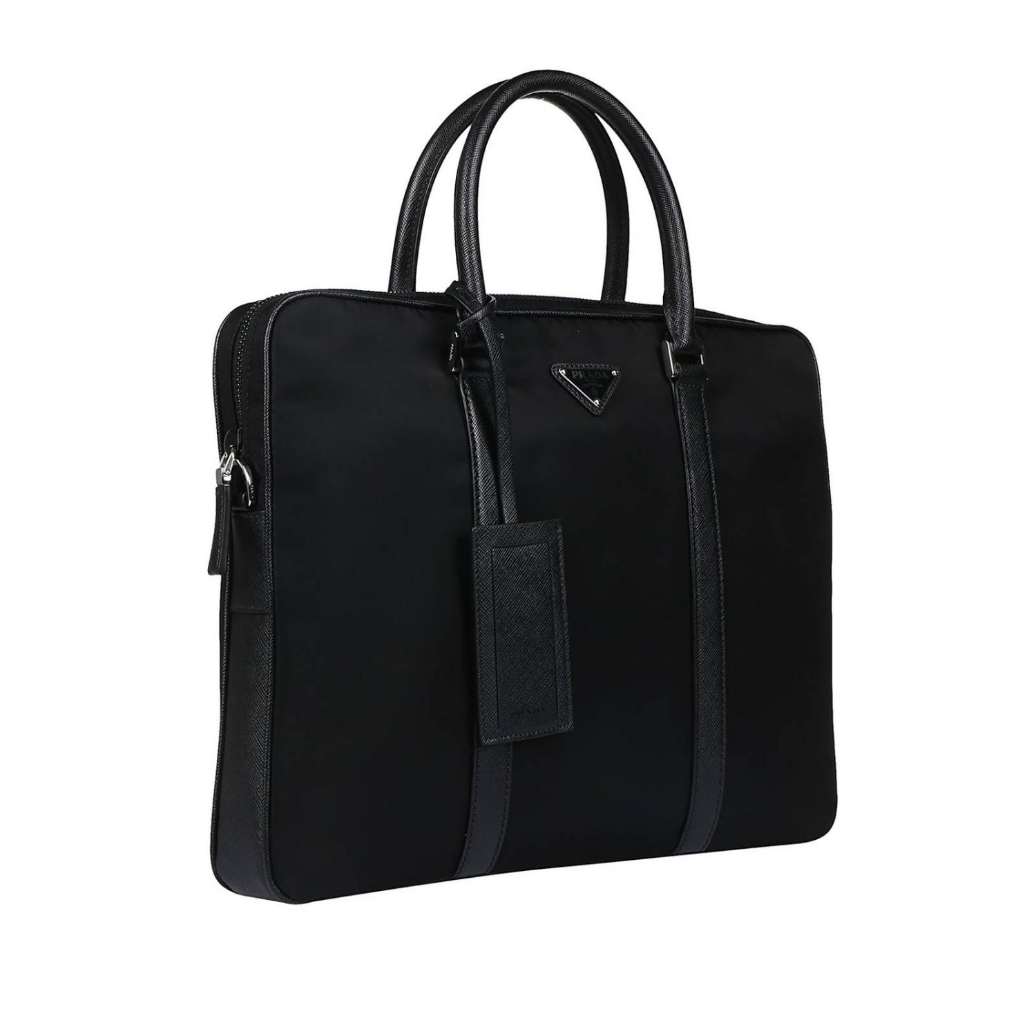 PRADA: work bag in nylon and leather with triangular logo - Black ...