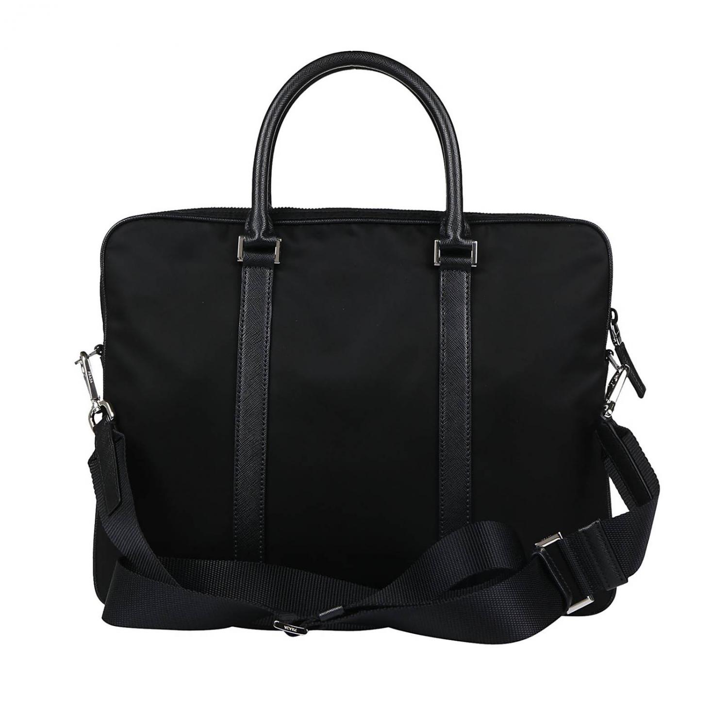 PRADA: work bag in nylon and leather with triangular logo - Black ...