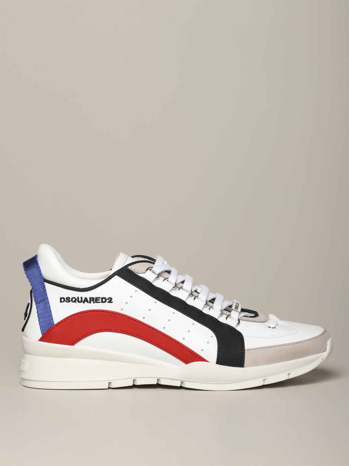 DSQUARED2: Baskets en cuir et daim avec bandes colorées - Blanc ...