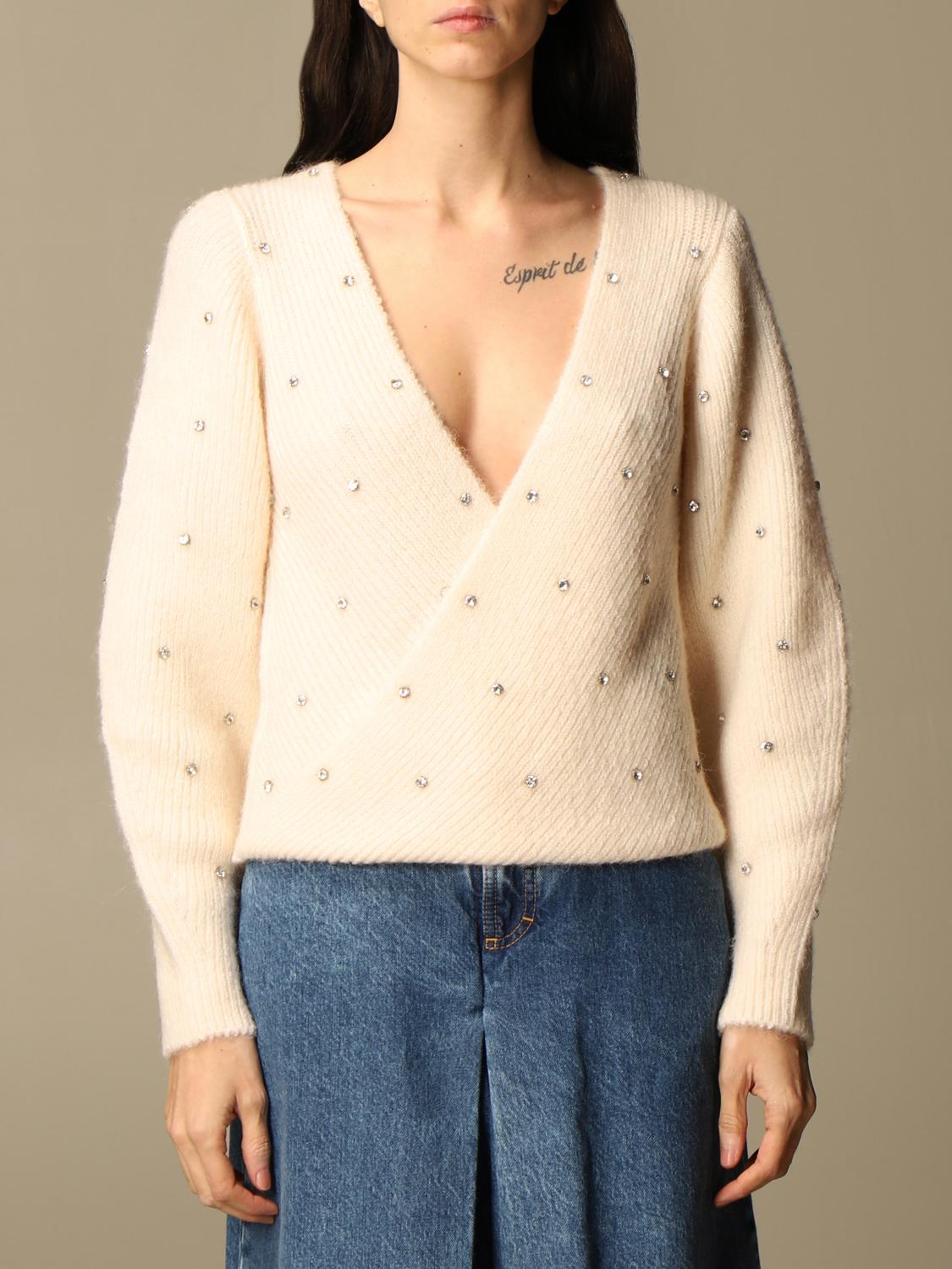 SELF-PORTRAIT: v-neck sweater with all-over rhinestones - Ivory | Self ...