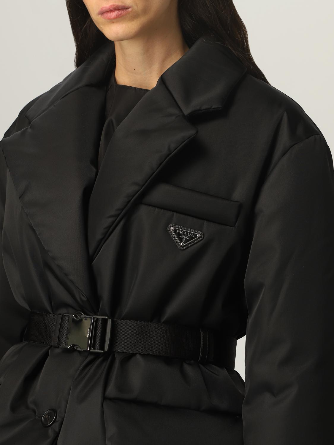PRADA: re-nylon down jacket with metallic logo and belt PRADA: re-nylon down jacket with metallic logo and belt