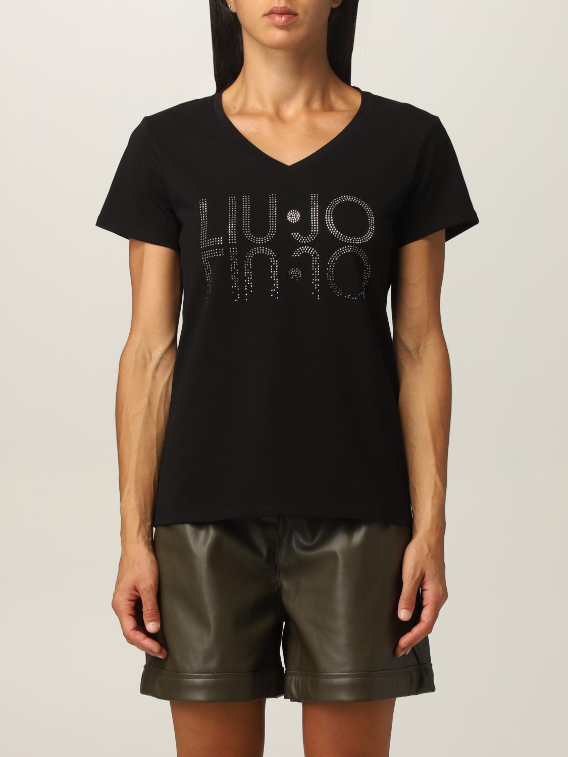 LIU JO: cotton t-shirt with rhinestone logo - Black | Liu Jo t-shirt TF1217J9944 online at ...