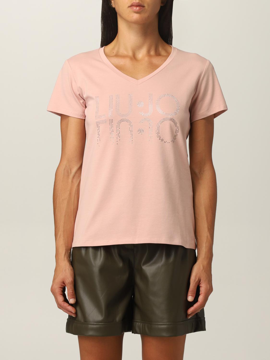 LIU JO: cotton t-shirt with rhinestone logo - Pink | Liu Jo t-shirt TF1217J9944 online at GIGLIO.COM