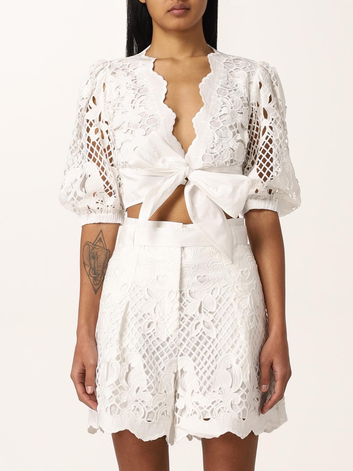 SELF-PORTRAIT: cropped top in cotton and embroidered lace - White ...