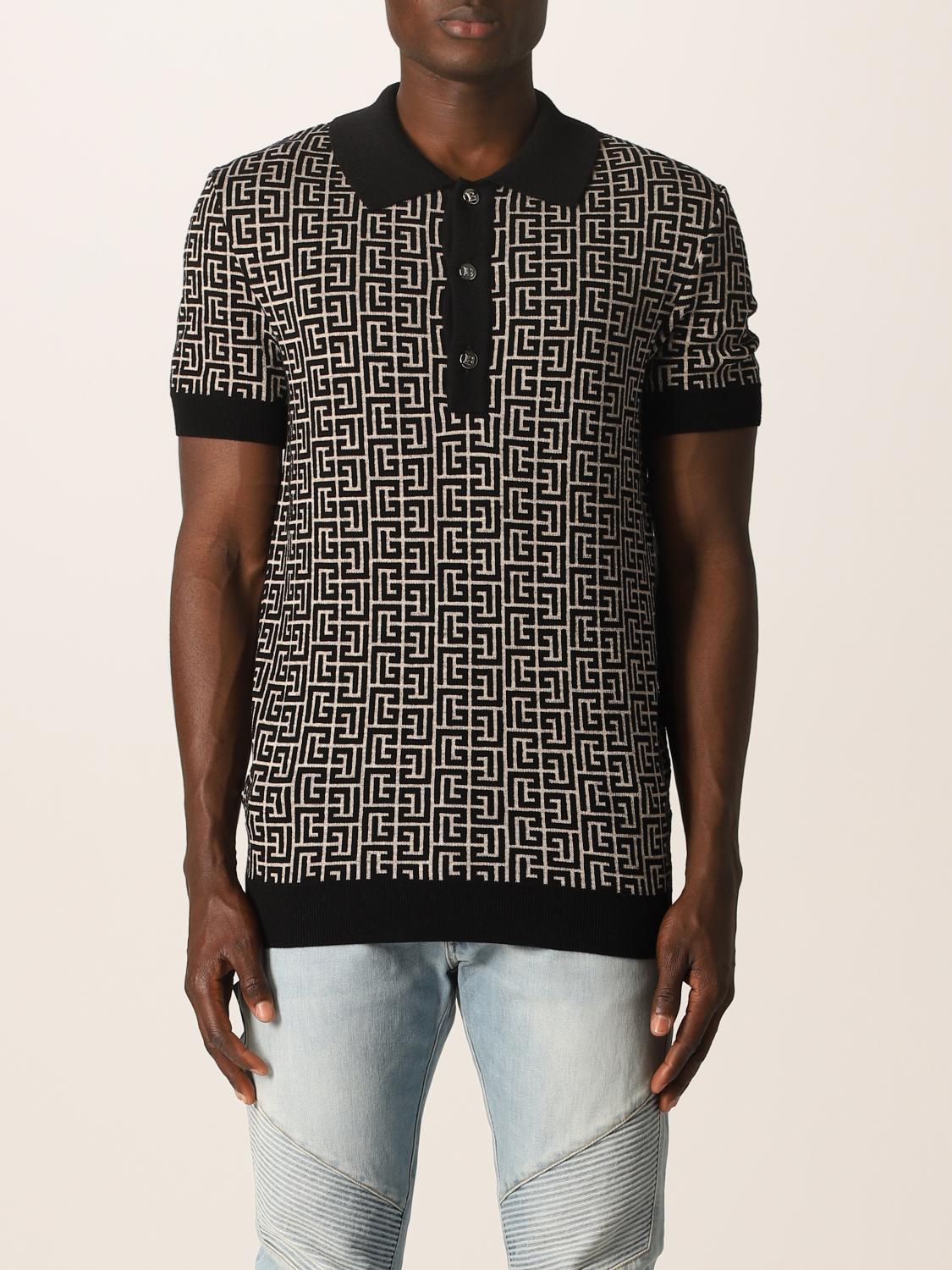 BALMAIN: polo shirt in jacquard wool blend - Black | Balmain polo shirt ...