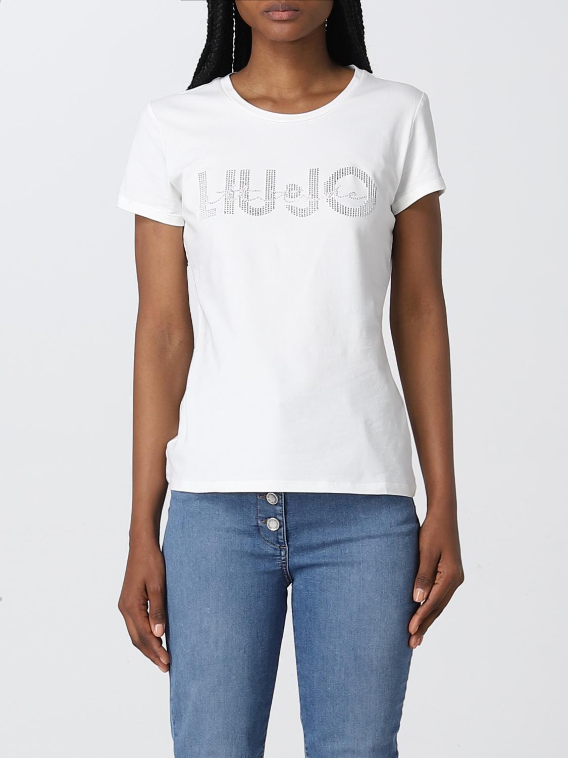 LIU JO: cotton t-shirt with logo and rhinestones - White 1 | Liu Jo t-shirt TA2088J5003 online ...