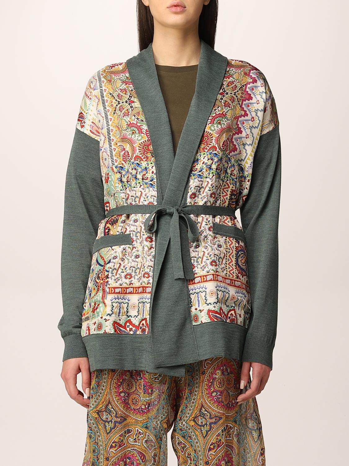 ETRO: cotton and printed silk cardigan - Beige | Etro cardigan ...