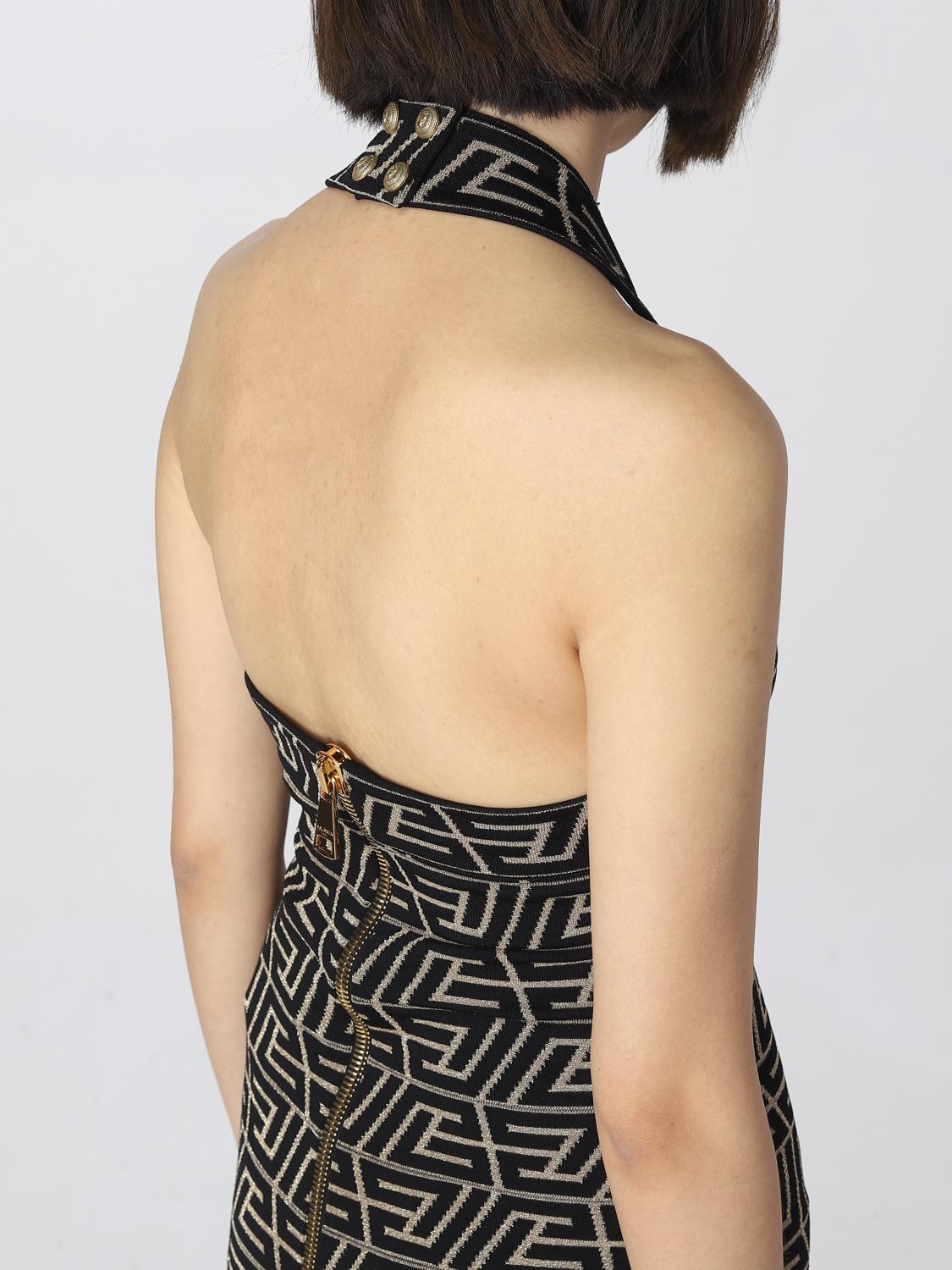 BALMAIN: dress in jacquard fabric - Yellow Gold | Balmain dress ...