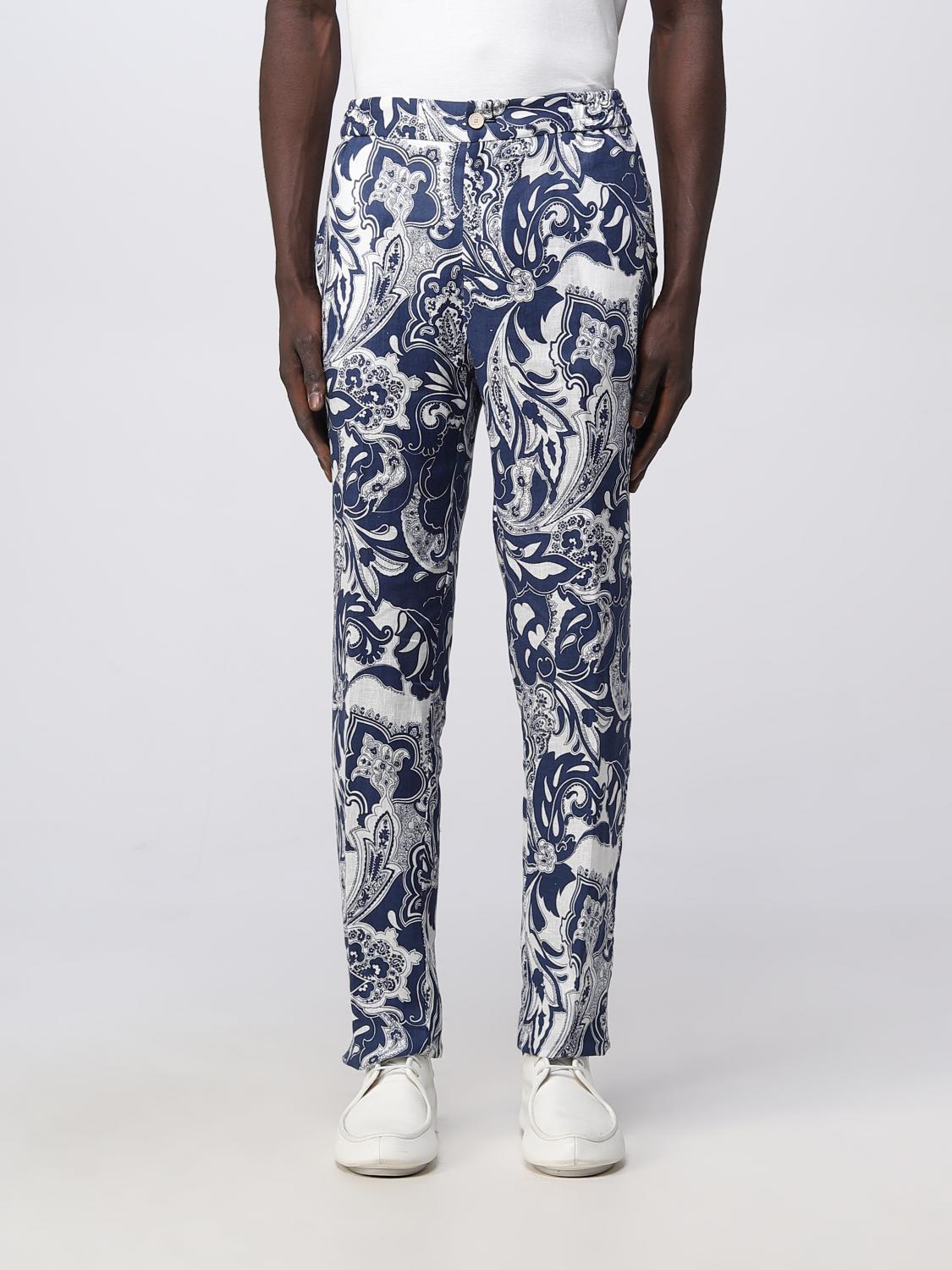 ETRO: trousers in linen with Paisley bandana print - Blue | Etro pants ...