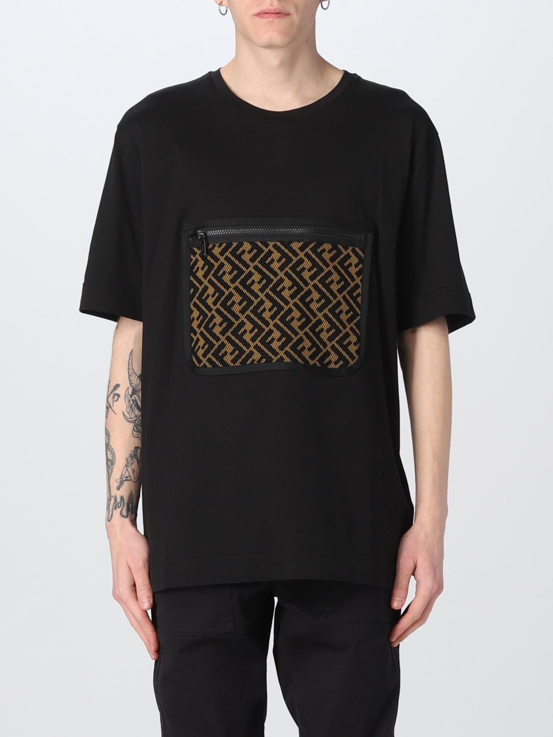 FENDI: cotton T-shirt with FF pocket - Black | Fendi t-shirt FY1183AM7C online at GIGLIO.COM