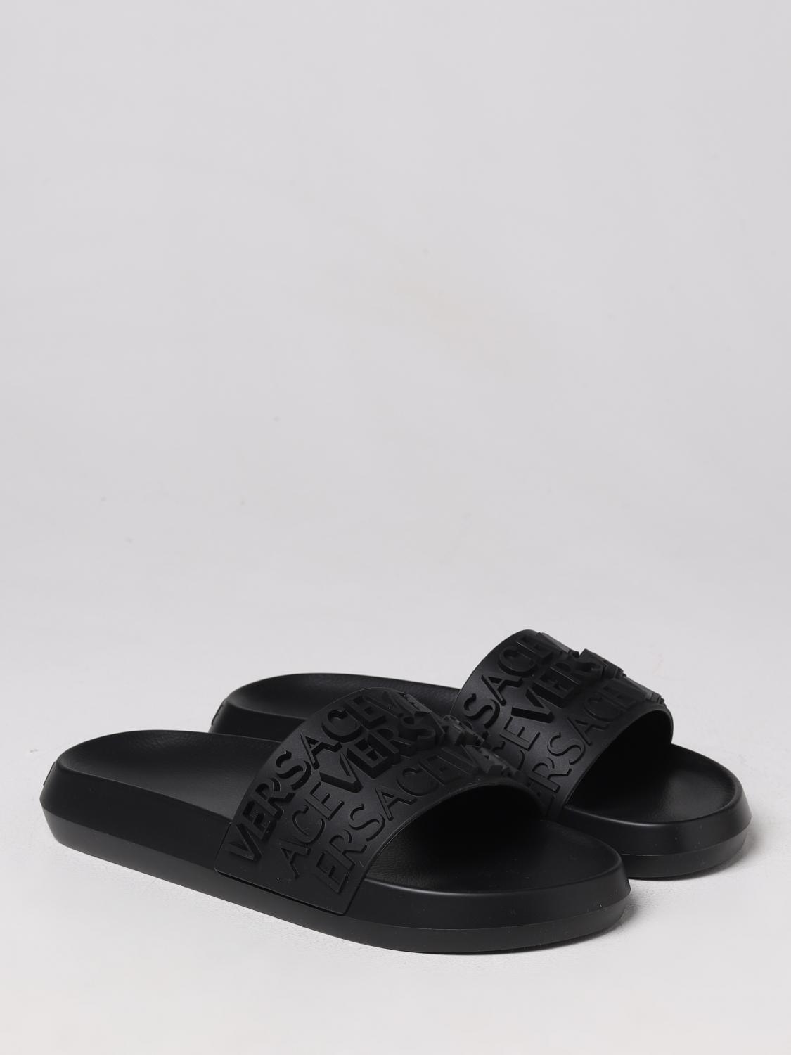 VERSACE: rubber slides with embossed logo - Black | Versace sandals ...