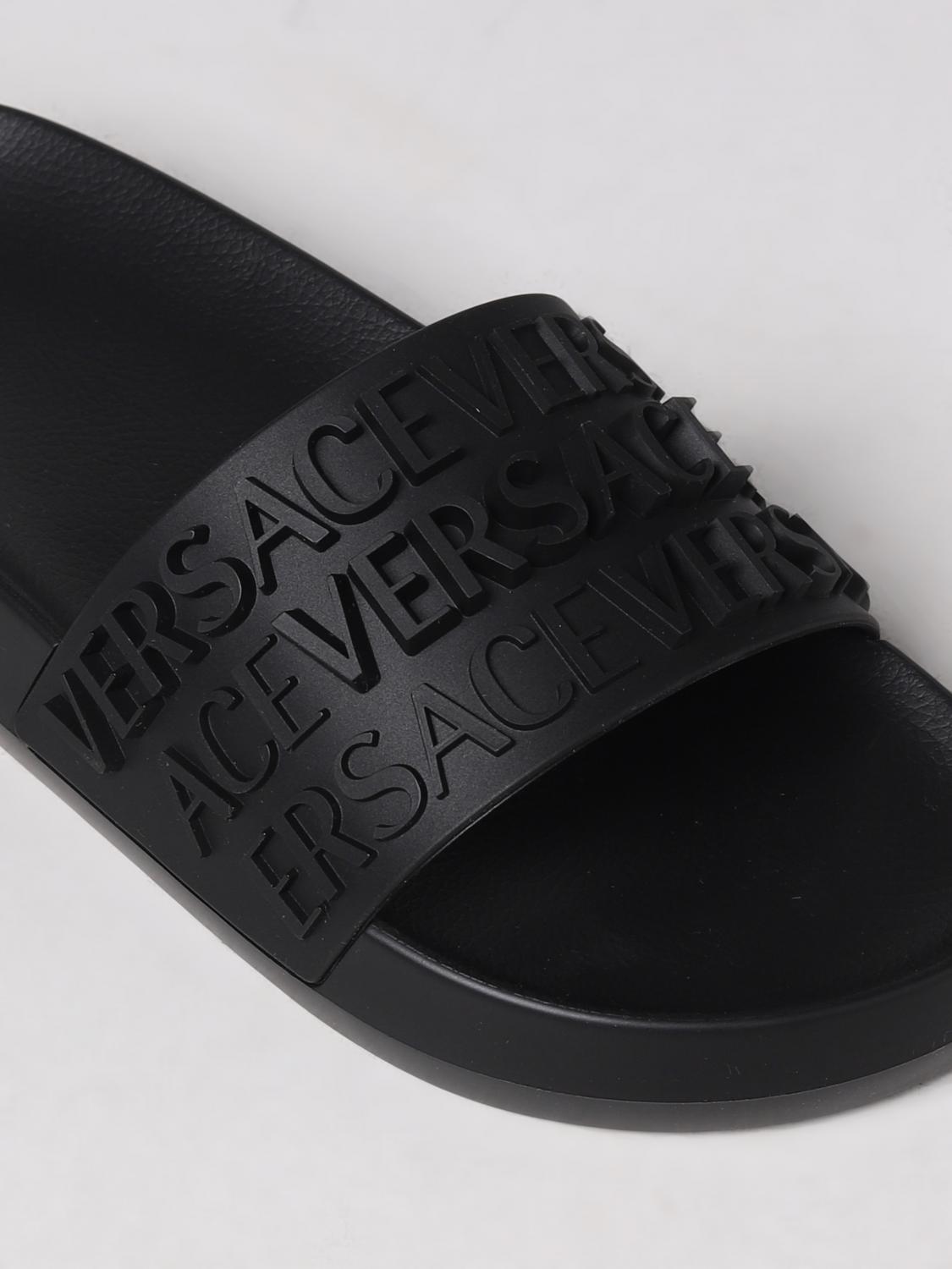 VERSACE: rubber slides with embossed logo - Black | Versace sandals ...