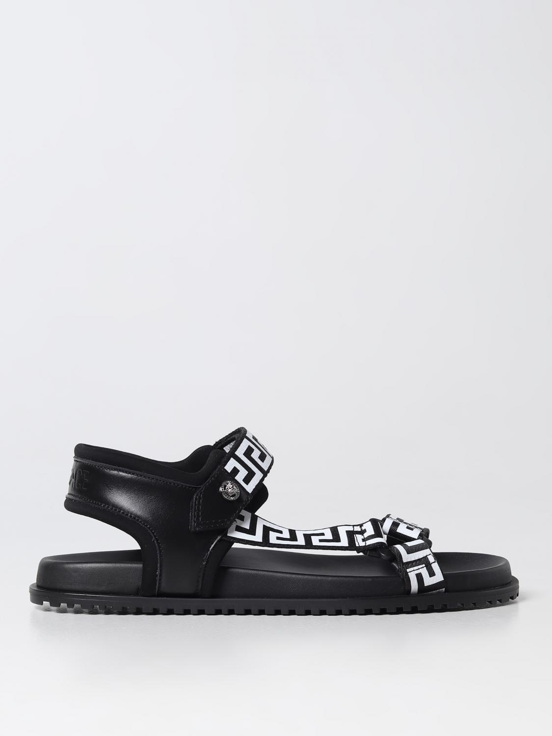 VERSACE: La Greca sandal in leather and fabric - Black | Versace ...