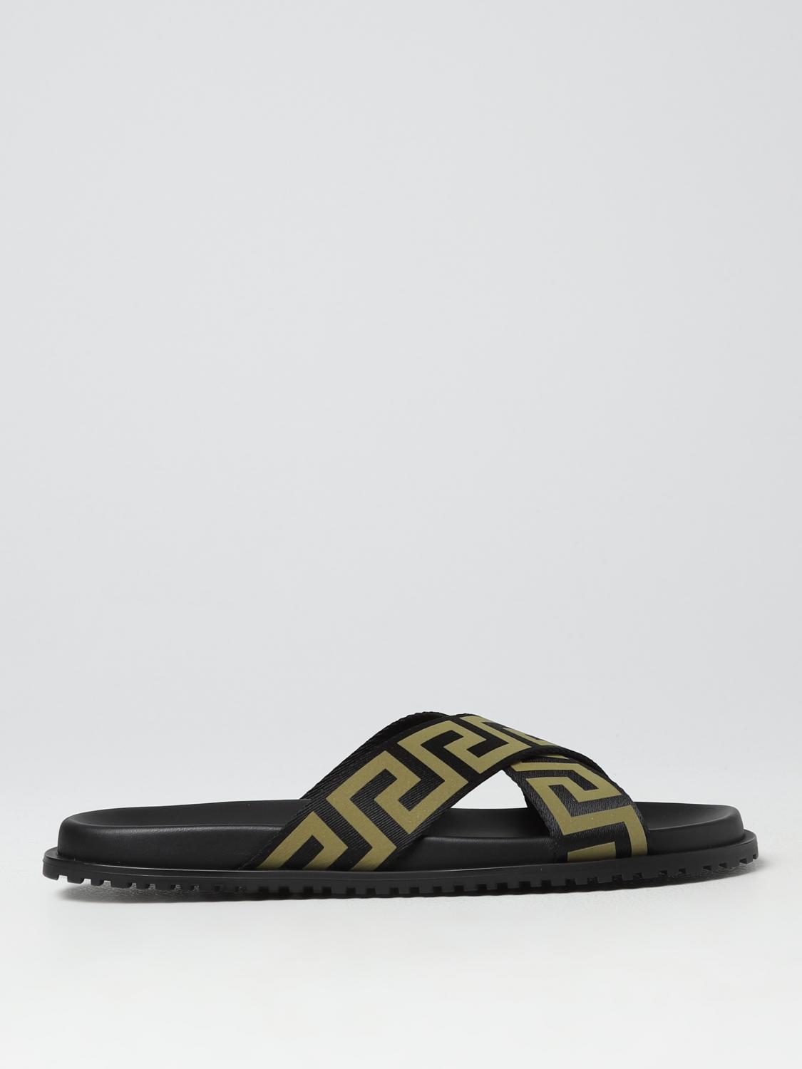 VERSACE: sliders in fabric and leather - Black | Versace sandals ...