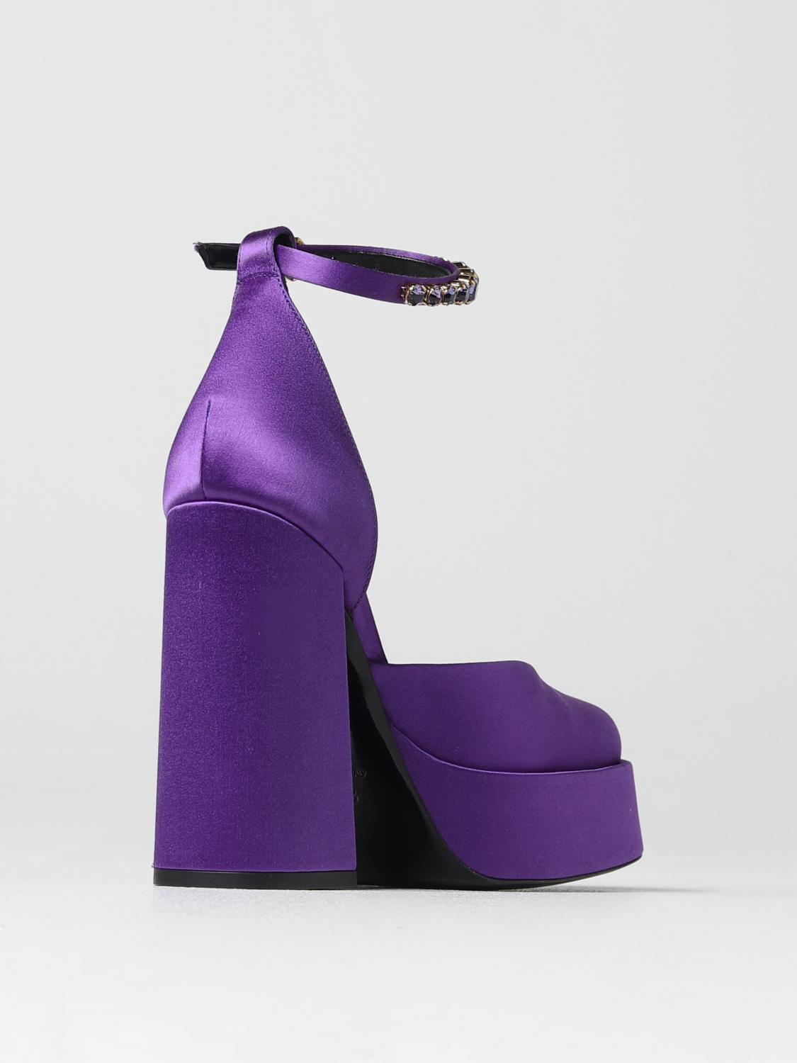 VERSACE: Mary Jane Medusa Aevitas in satin - Violet | Versace heeled ...