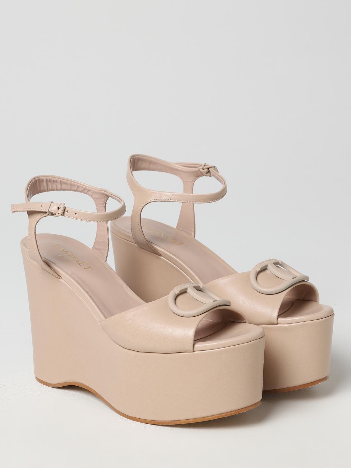 Twinset wedge sandals in smooth leather - Beige | 231TCT082 | GIGLIO.COM