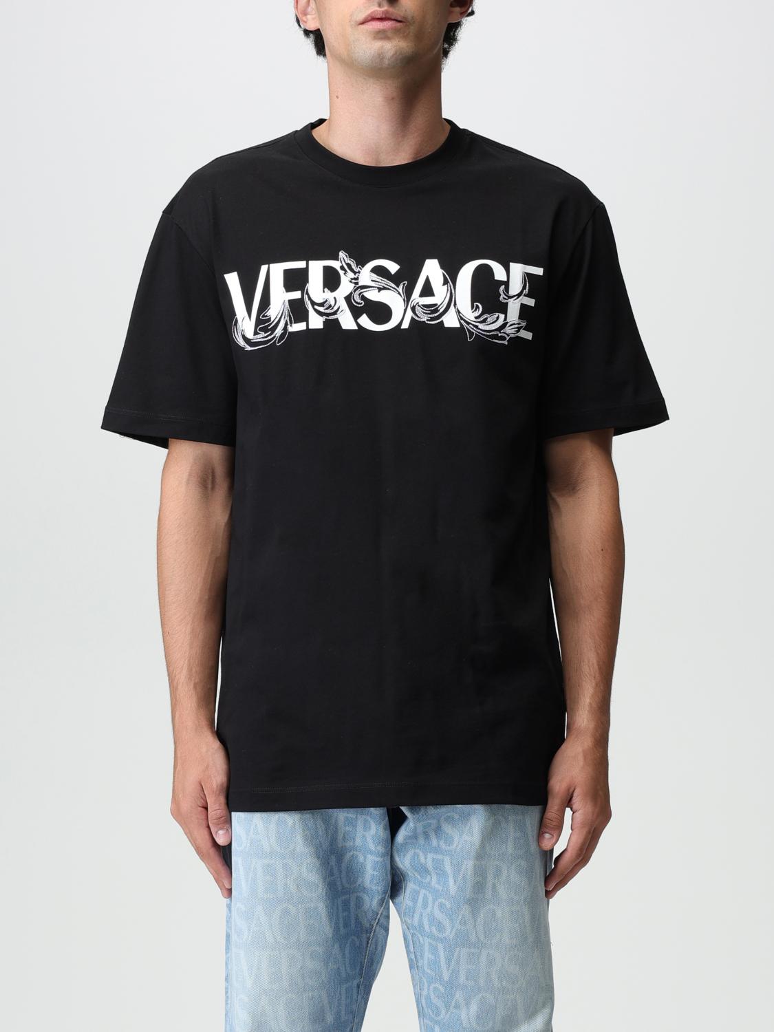 VERSACE: cotton T-shirt with Baroque Silhouette logo - Black | Versace ...