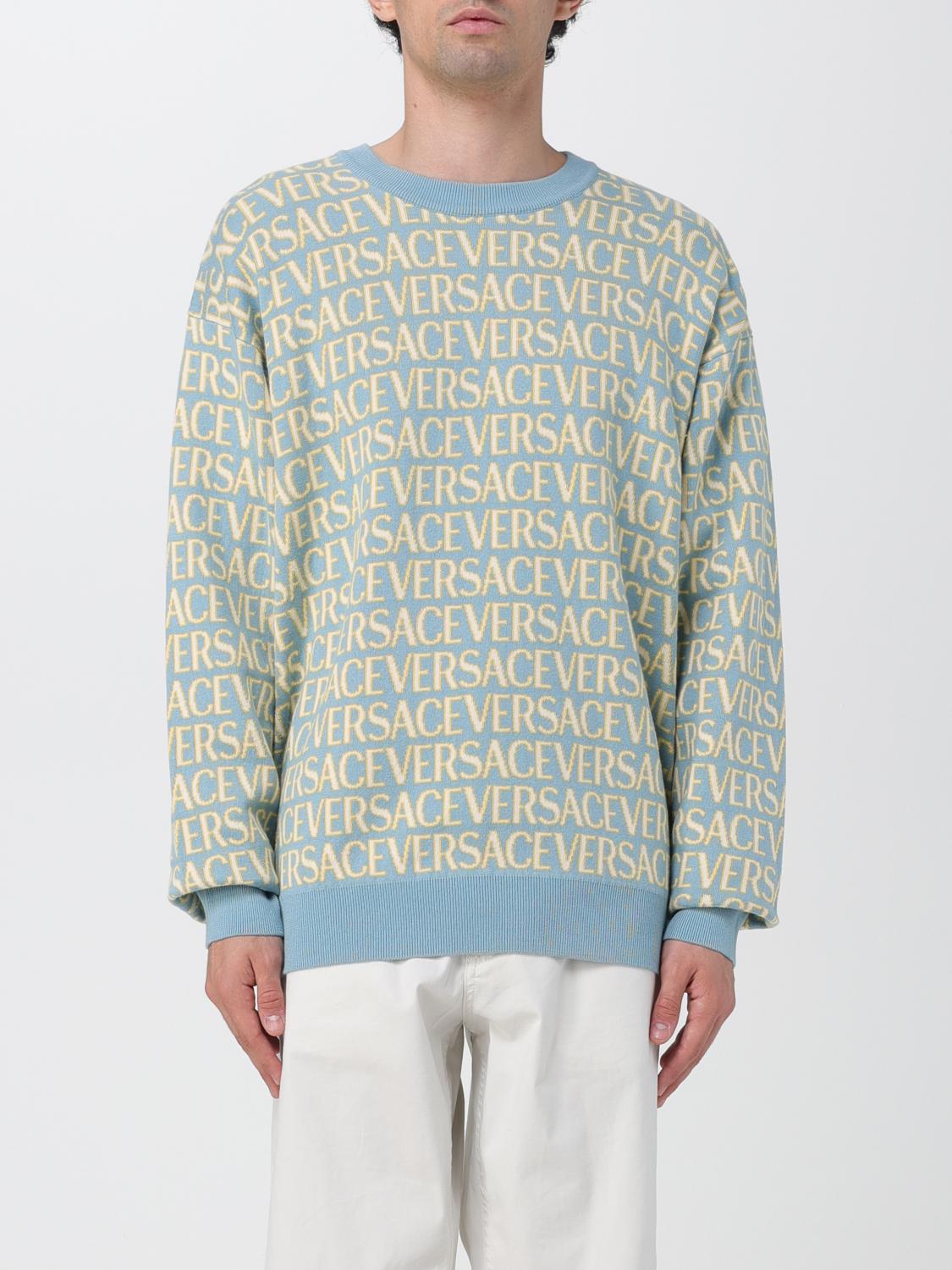 Versace Outlet: cotton sweater with all-over logo - Blue | Versace ...