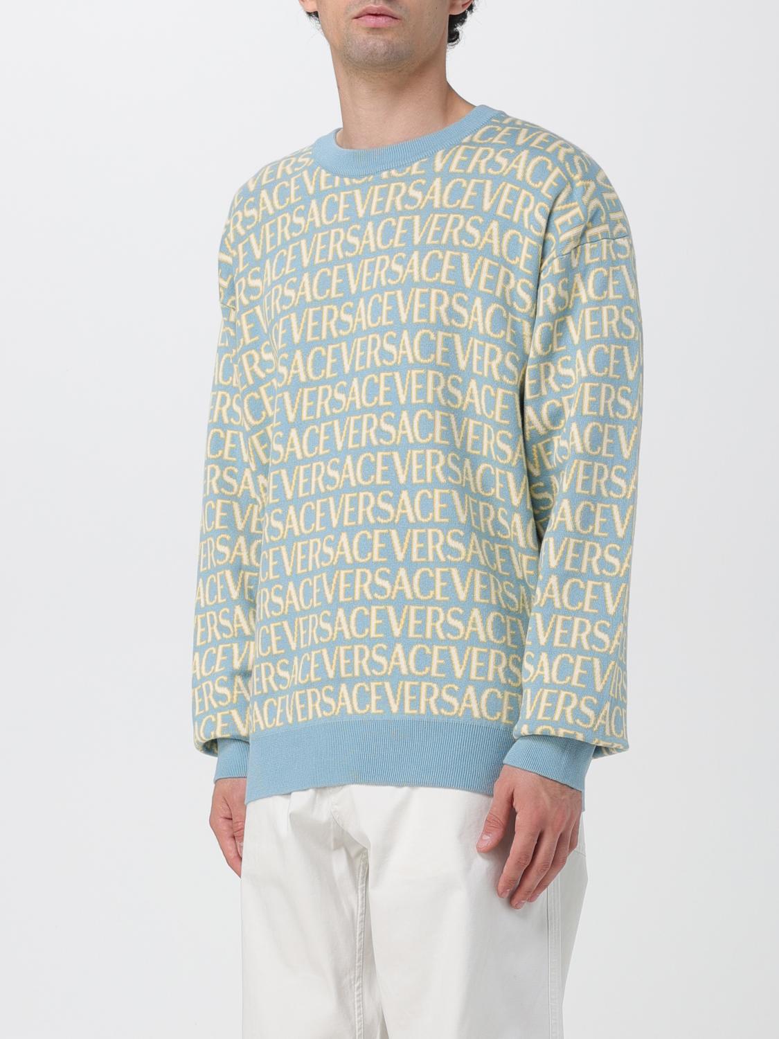 VERSACE: cotton sweater with all-over logo - Blue | Versace sweater ...