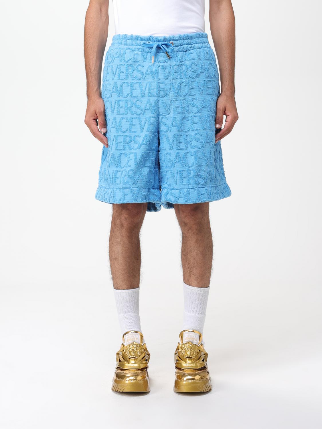 VERSACE: cotton shorts with all-over logo - Blue | Versace shorts ...