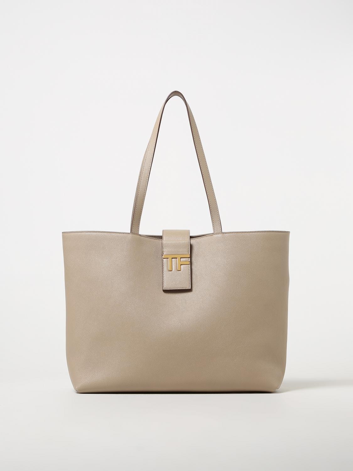 TOM FORD: bag in grained leather with logo - Beige | Tom Ford tote bags ...