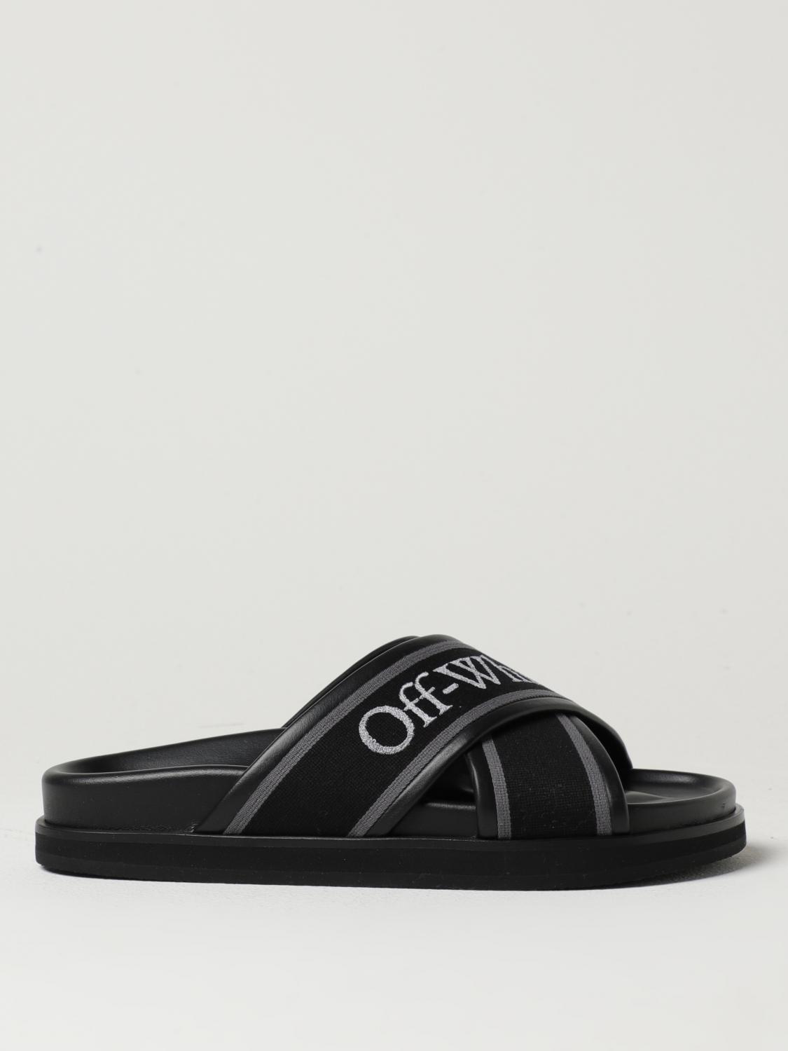 Off-White slides in leather with jacquard logo - Black ...