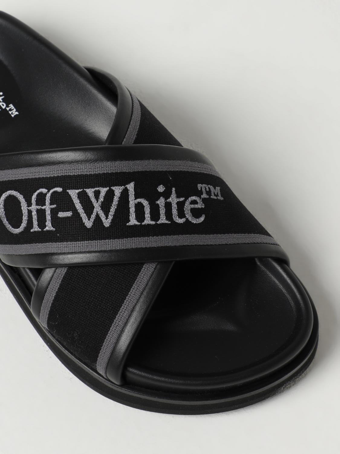 Off-White slides in leather with jacquard logo - Black ...